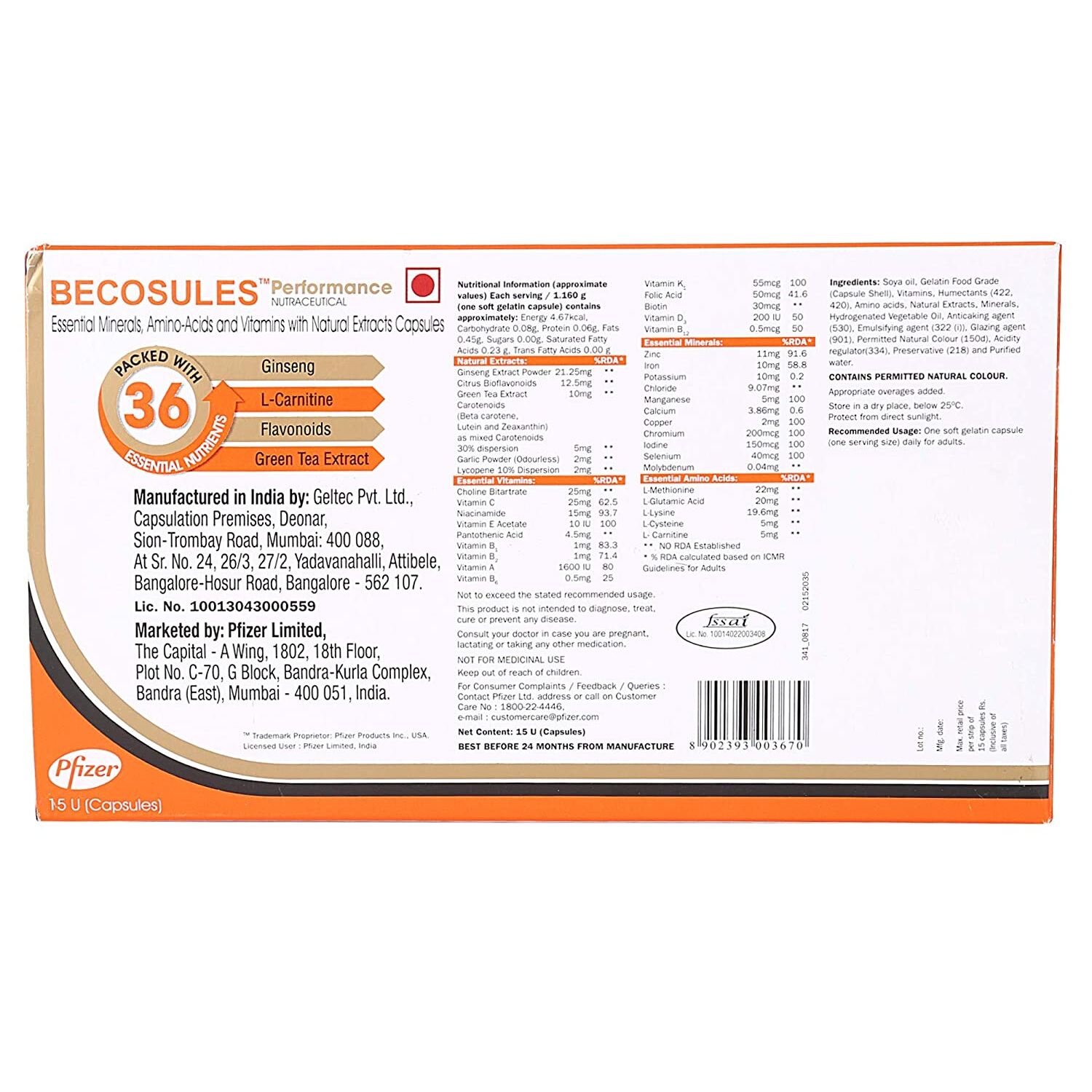 Buy Becosules Performance 15 Capsules Pack Online at RxIndia.com