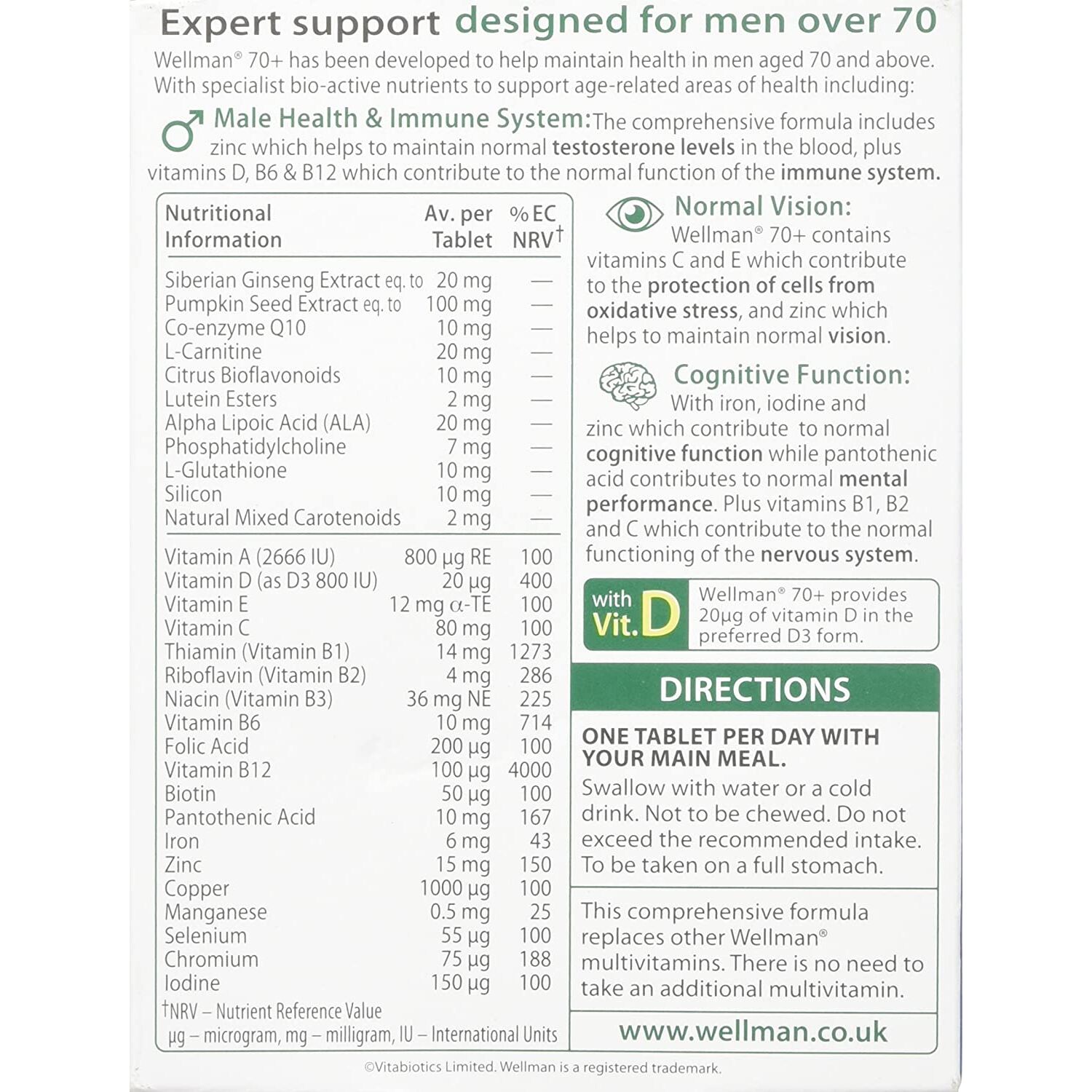 Buy Vitabiotics Wellman 70+ 30 Tablets Monthly Pack Online at RxIndia.com