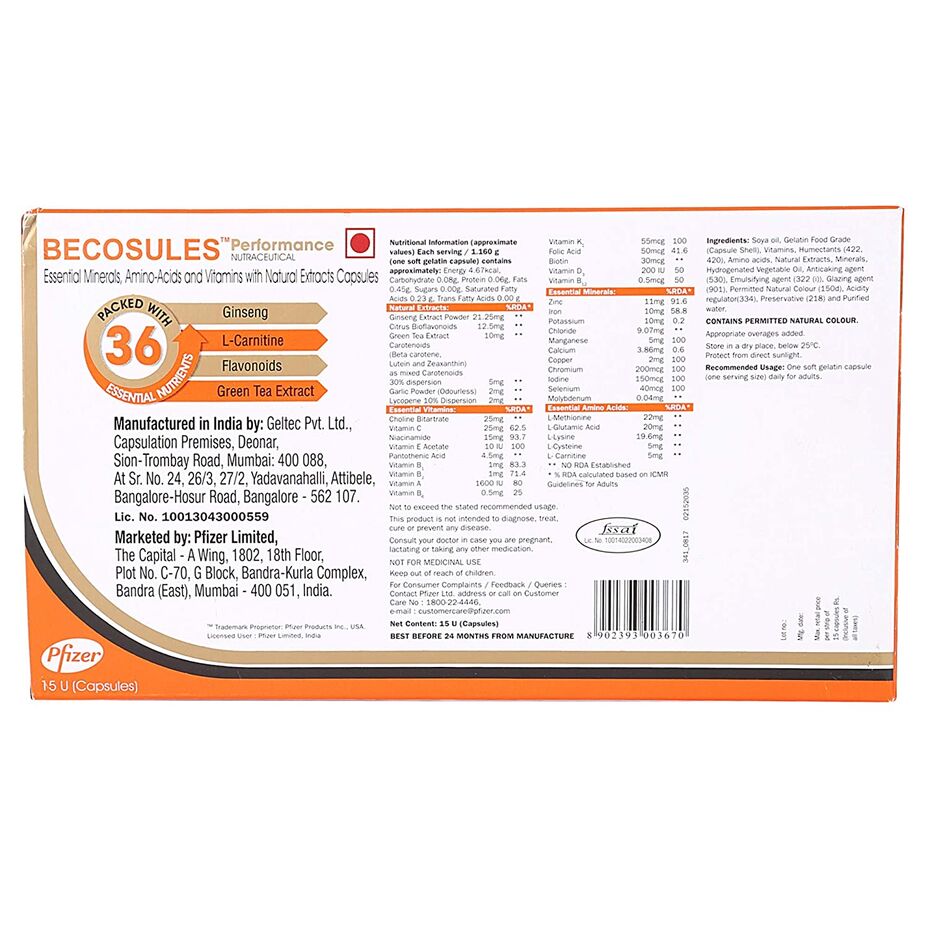 Buy Becosules Performance 15 Capsules Pack Online at RxIndia.com