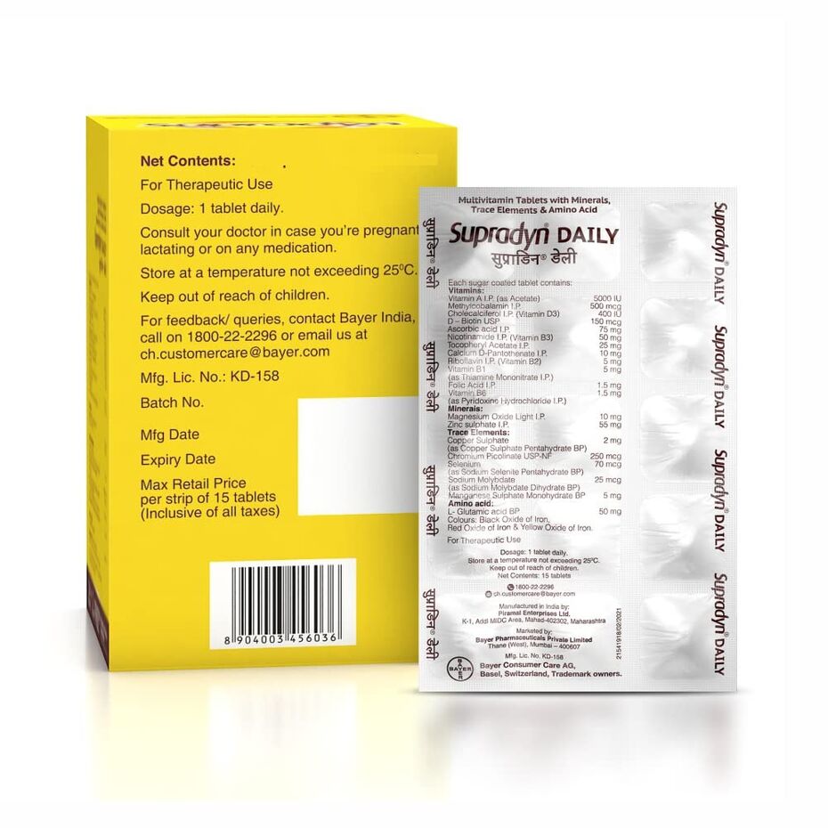 Buy Supradyn Multivitamin and Minerals 15 Tablets Online at RxIndia.com